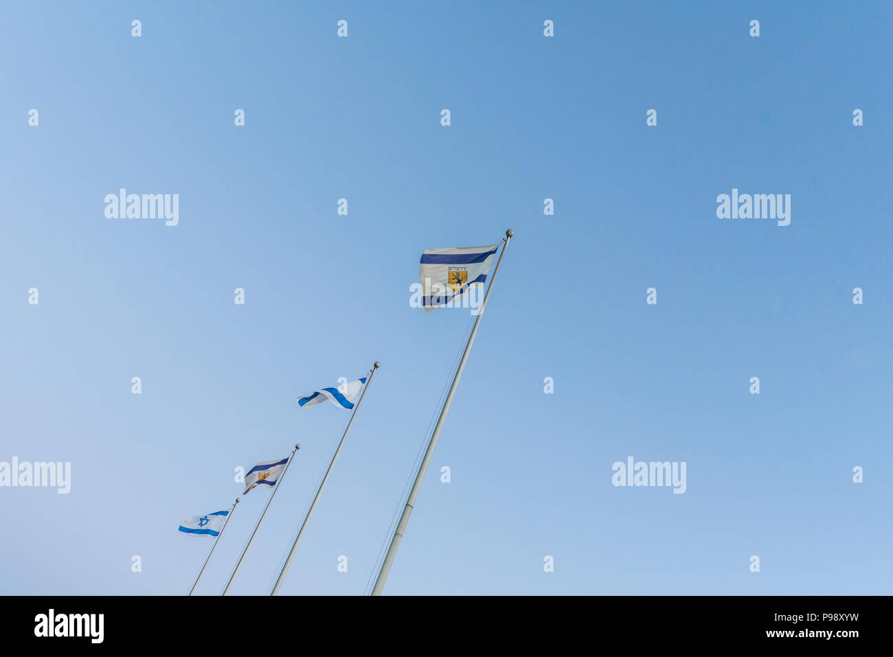 Jerusalem, 12 July 2018: Israeli flag and municipal flag of Jerusalem ...