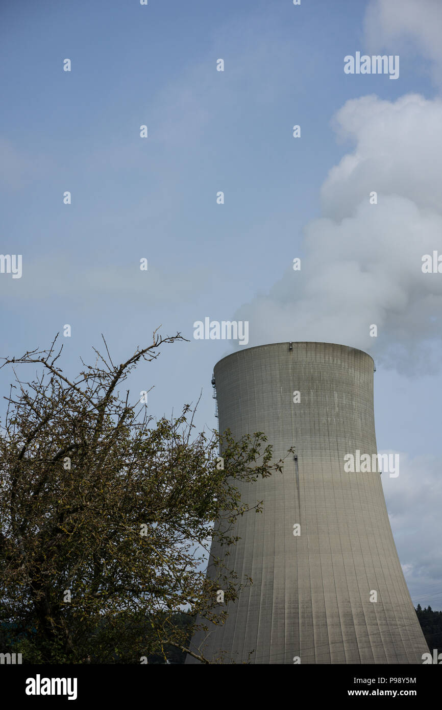 nuclear power plant cooler chimney with tree in front pollution nature ...