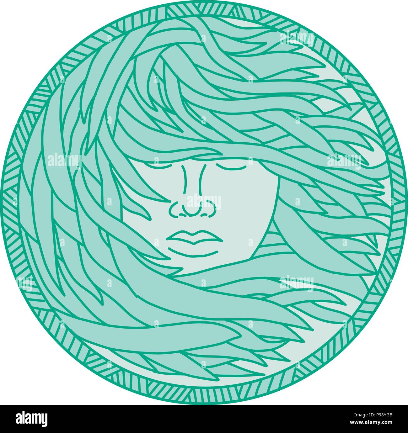 Mono line illustration of a face of a Polynesian woman with flowing sea ...