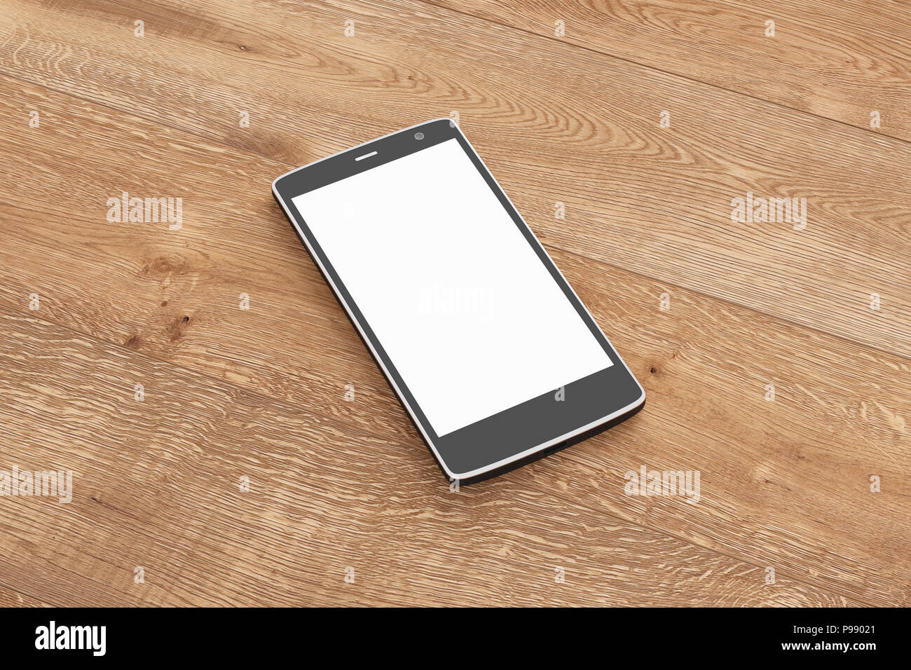 Black smartphone with white blank screen on wooden background. Isolated ...