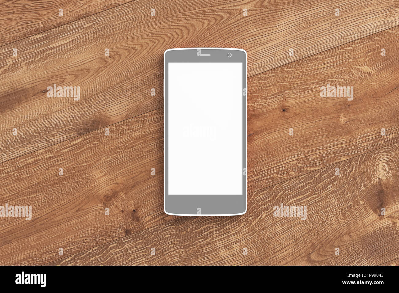 Gray smartphone with white blank screen on wooden background. Isolated ...
