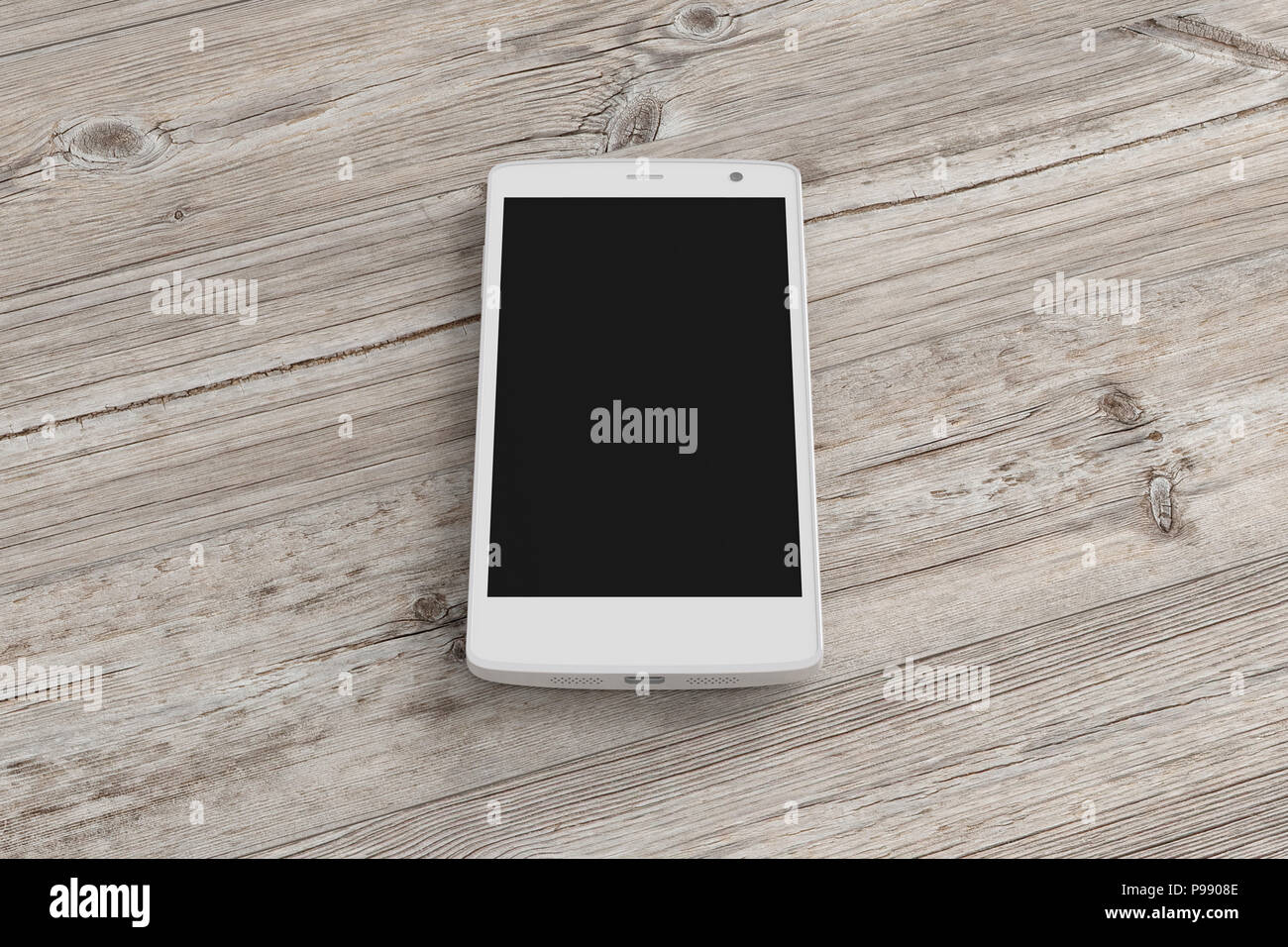 White smartphone with black blank screen on wooden background. Isolated ...
