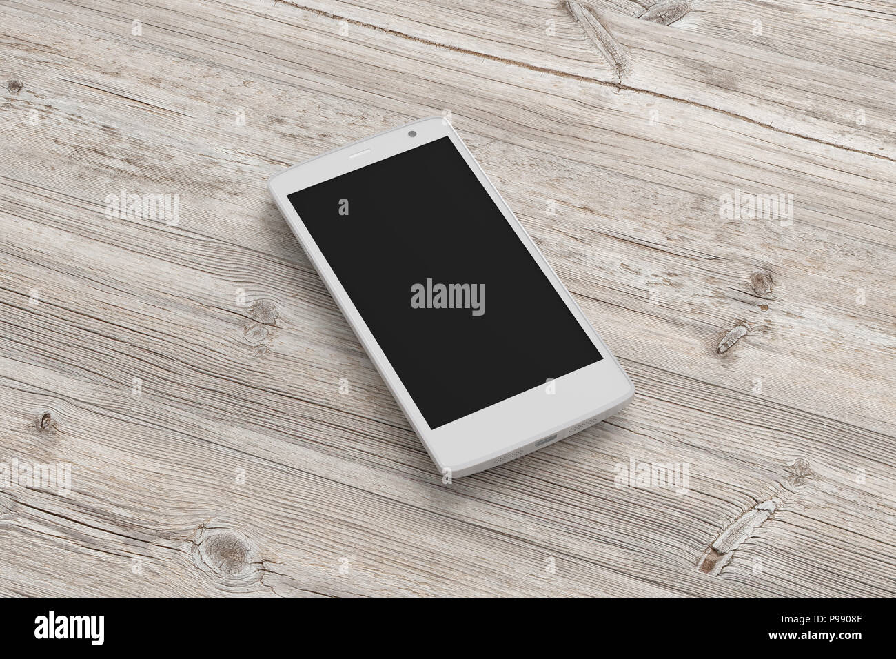 White smartphone with black blank screen on wooden background. Isolated ...