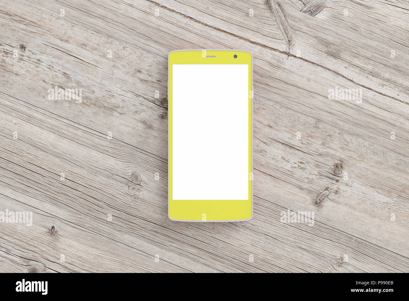 Yellow smartphone with white blank screen on wooden background ...