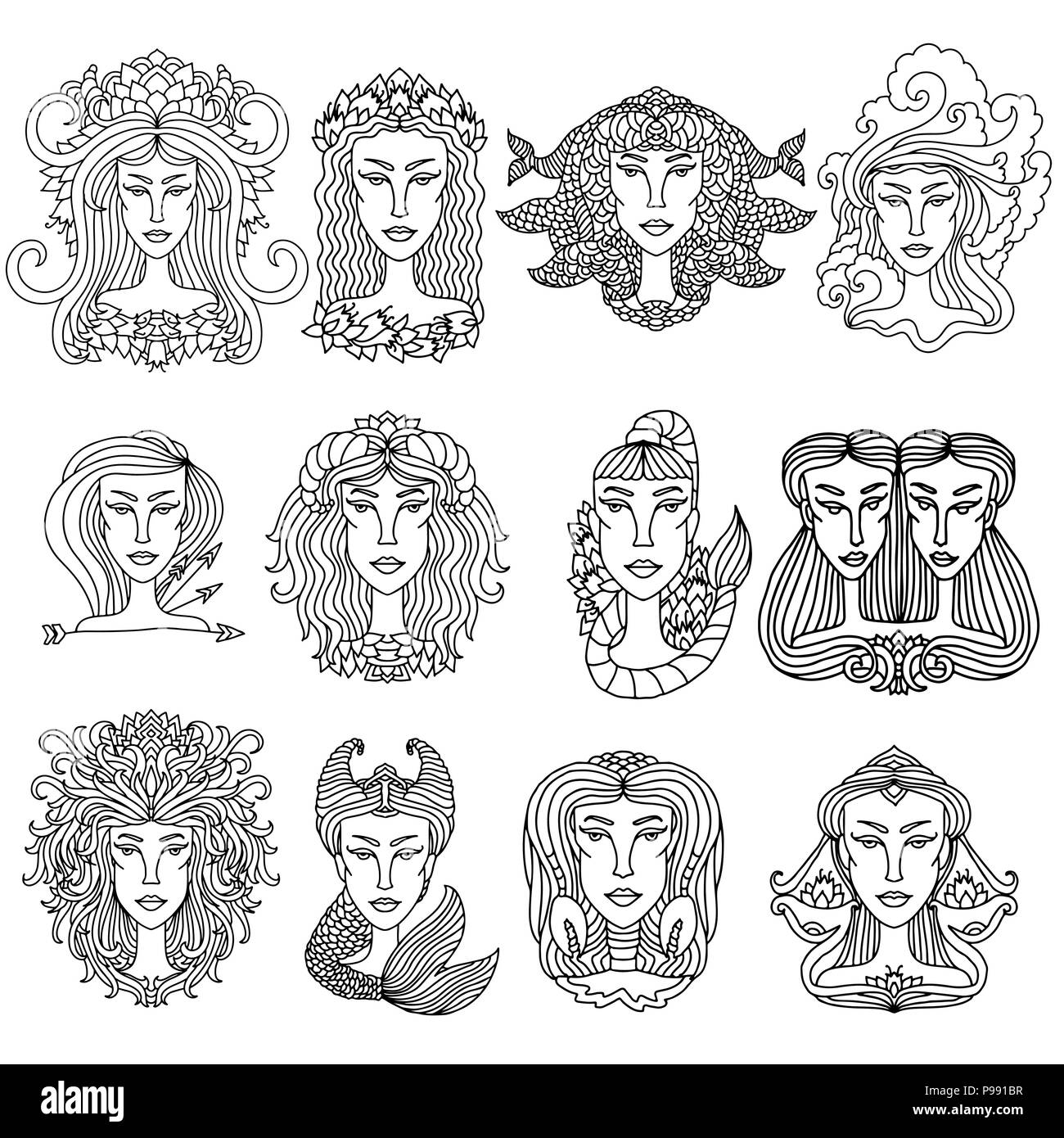 Zodiac Sign Girls Set Horoscope Collection Vector Illustration Stock