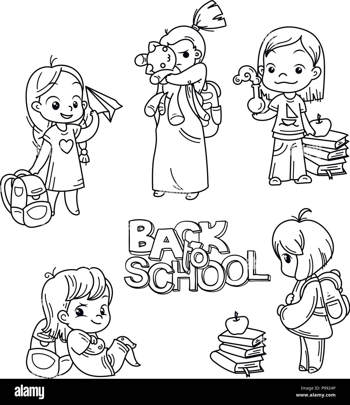Collection of school cartoon children. Set of vector illustration ...