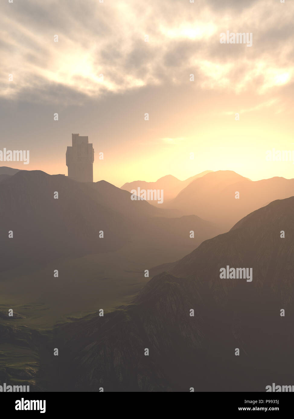 Medieval Tower House Castle on a Hill at Sunset Stock Photo - Alamy