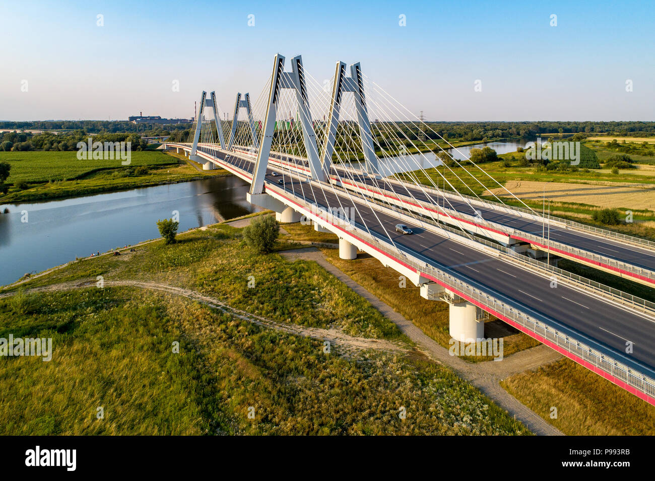 New modern double cable-stayed bridge over Vistula River in Krakow ...