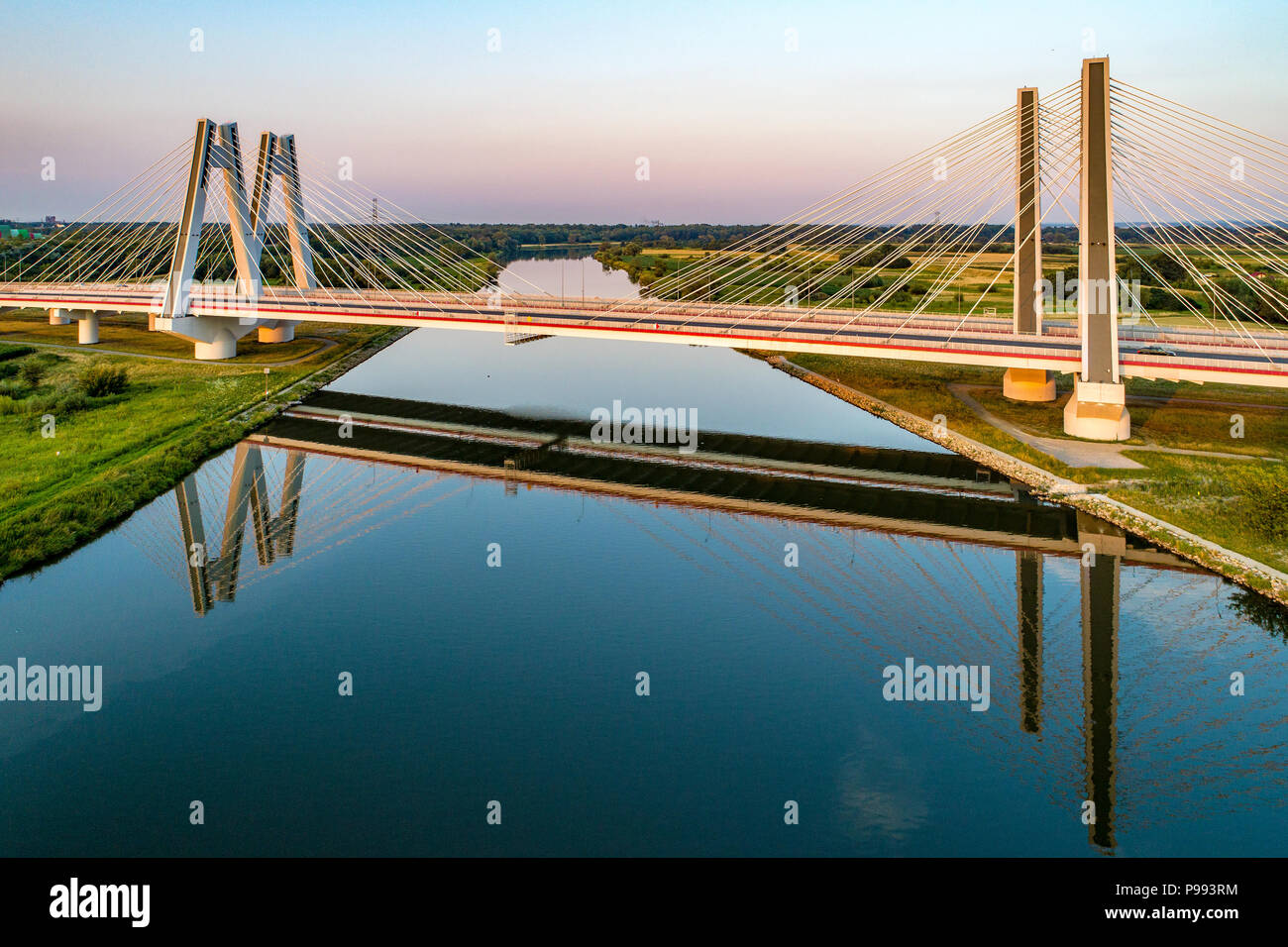 New modern double cable-stayed bridge over Vistula River in Krakow ...