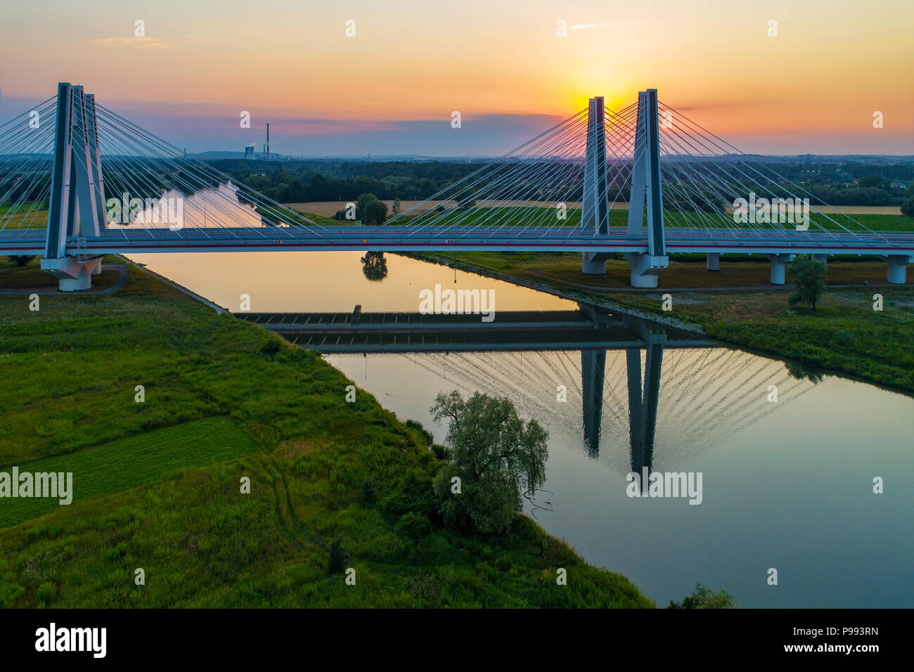 New modern double cable-stayed bridge over Vistula River in Krakow ...