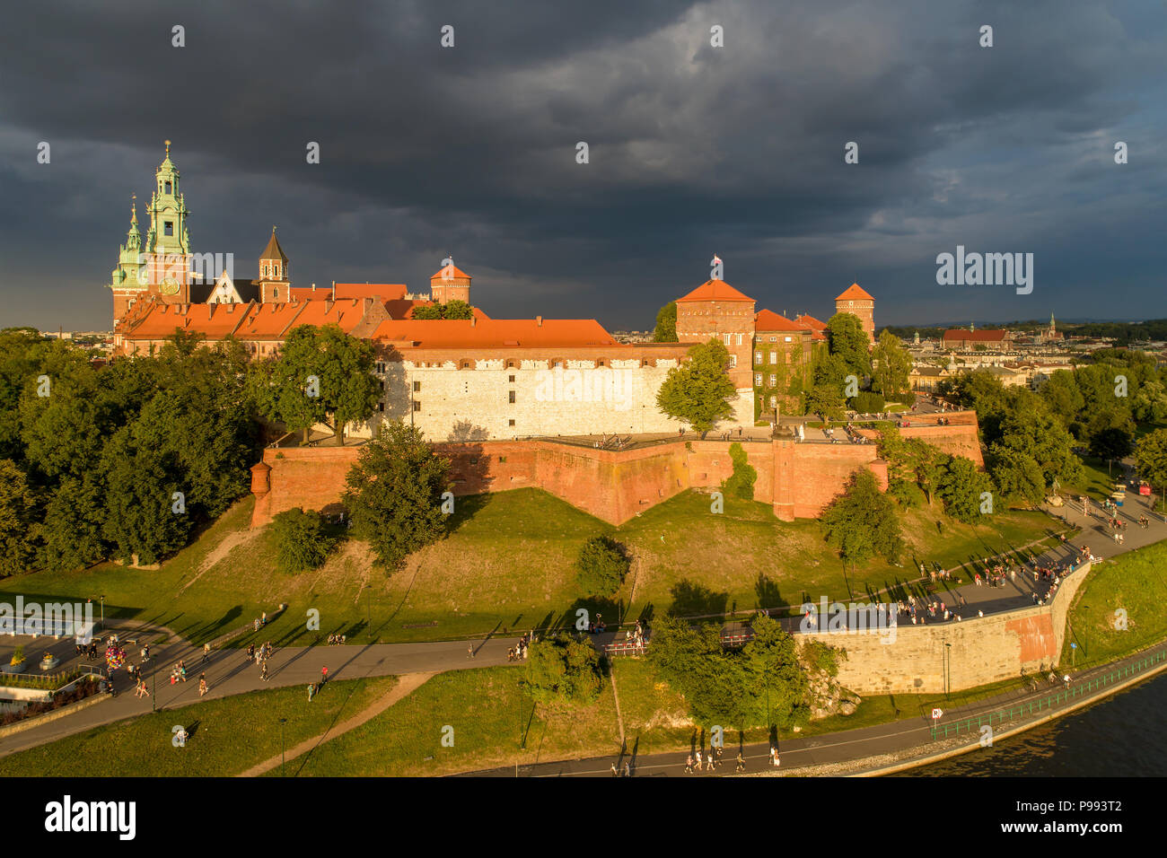 Historic royal Wawel castle and cathedral in Cracow, Poland. Aerial ...