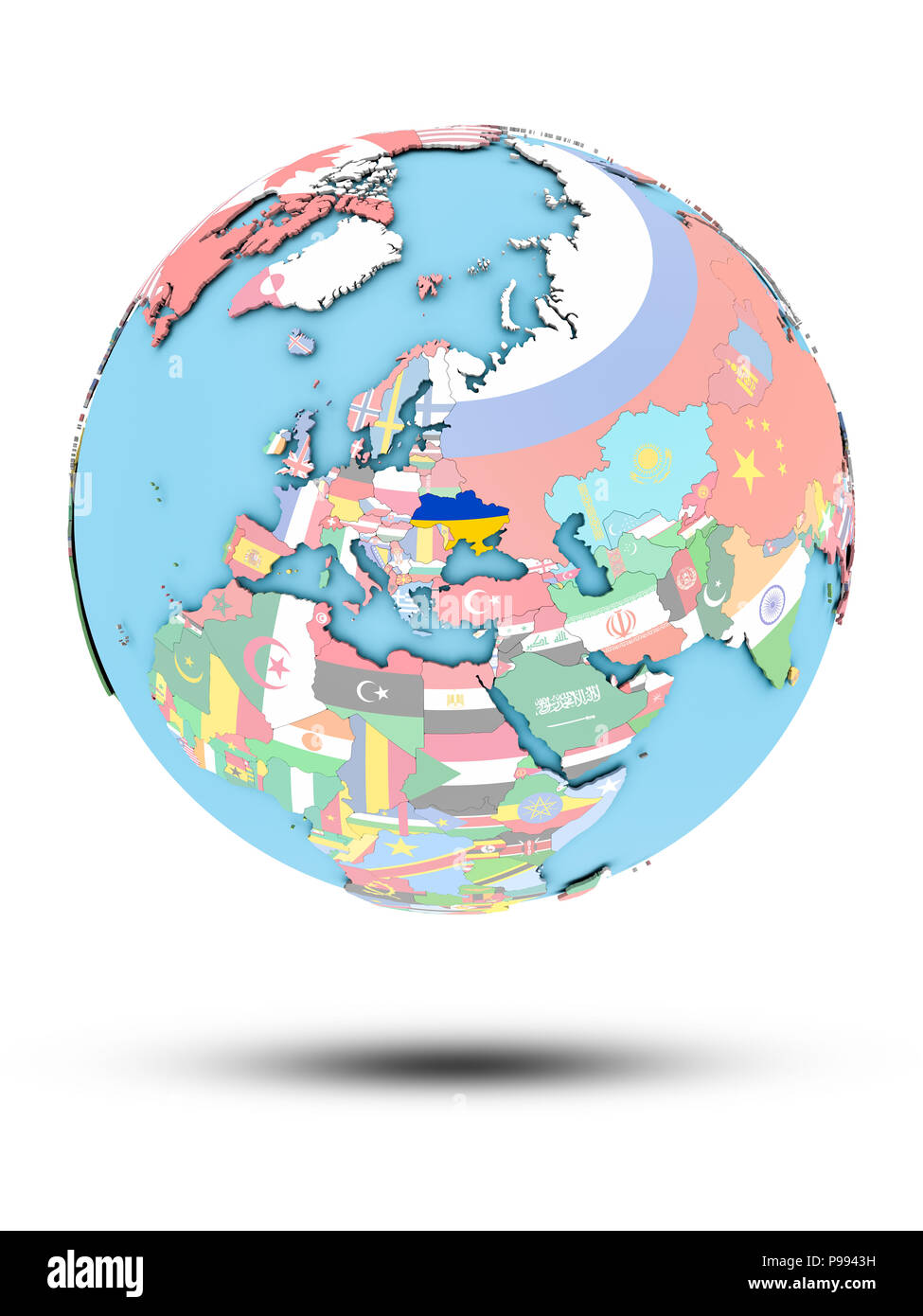 Ukraine on political globe with national flags isolated on white ...