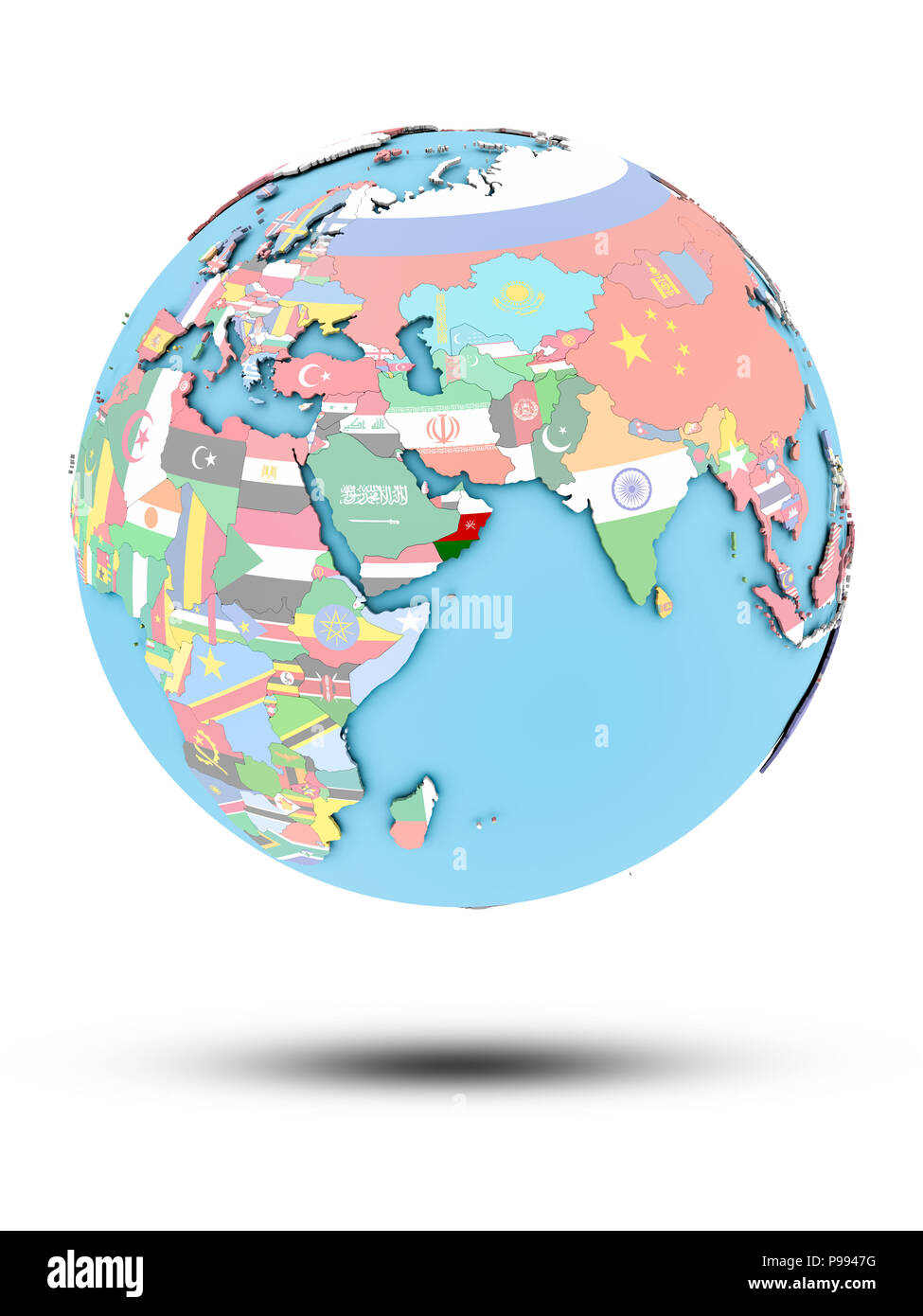 Oman on political globe with national flags isolated on white ...