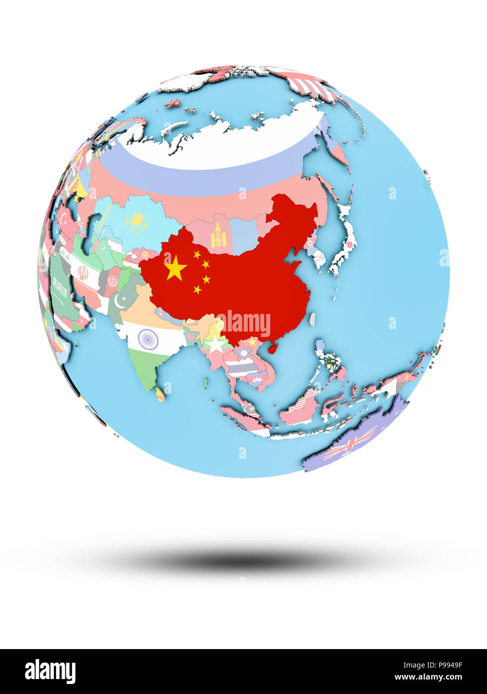 China on political globe with national flags isolated on white ...