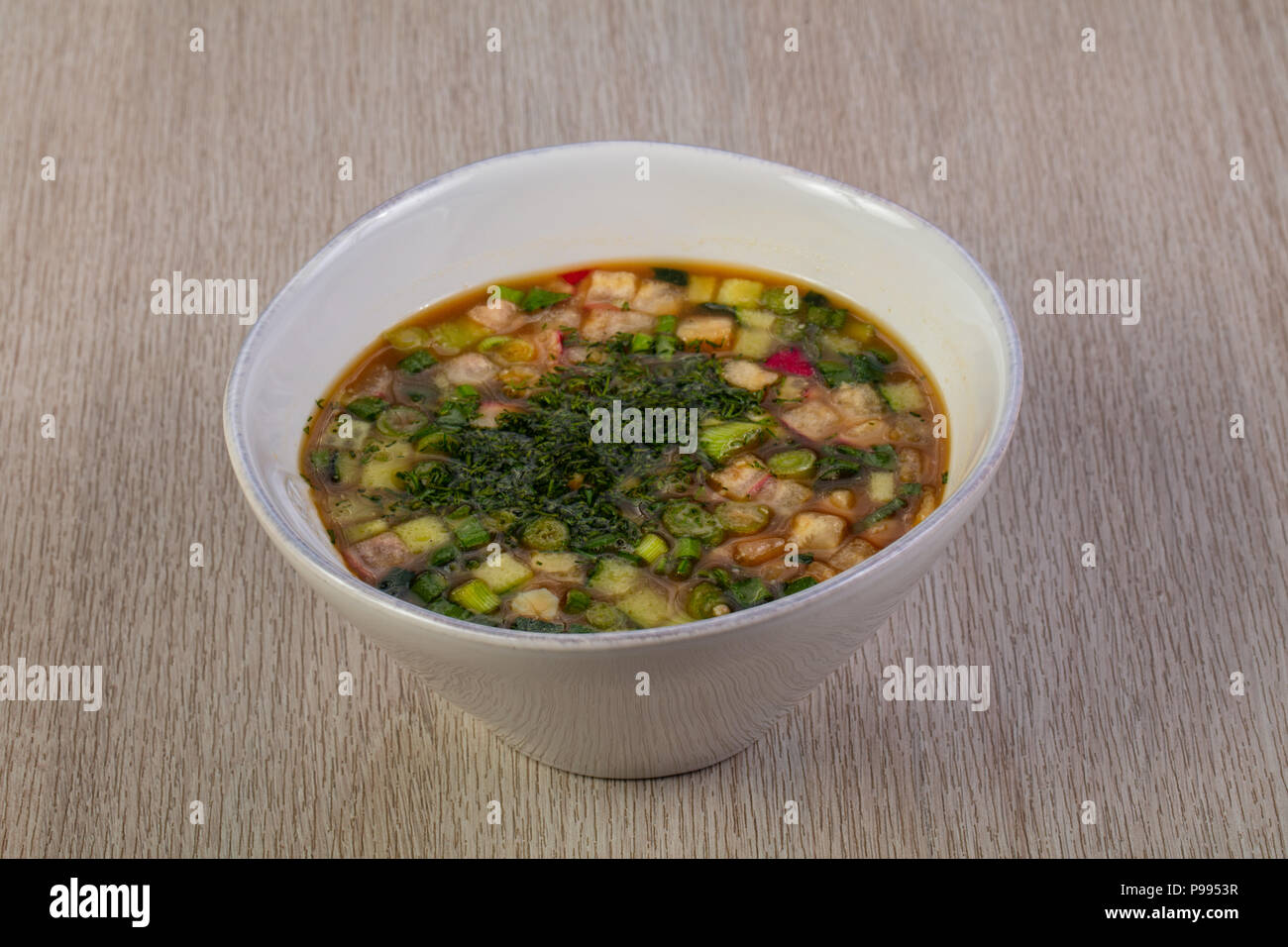 Russian cold soup Okroshka with kvas Stock Photo - Alamy