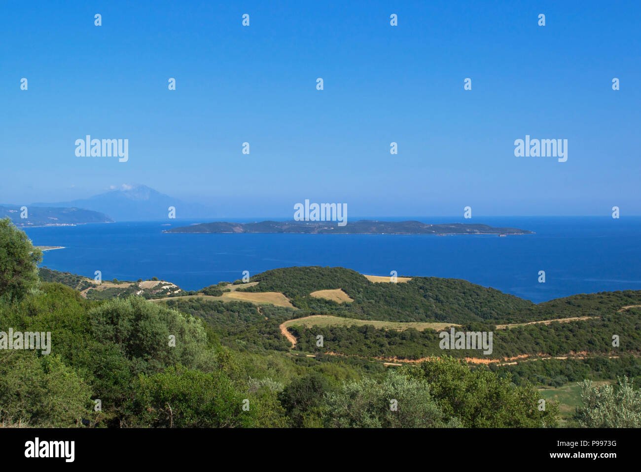 Beautiful summer sea landscape with a view on Ammouliani island and ...