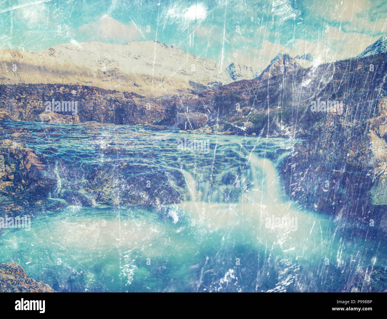 Pools and waterfalls within cloudy day in Scotland. Cold water falling ...
