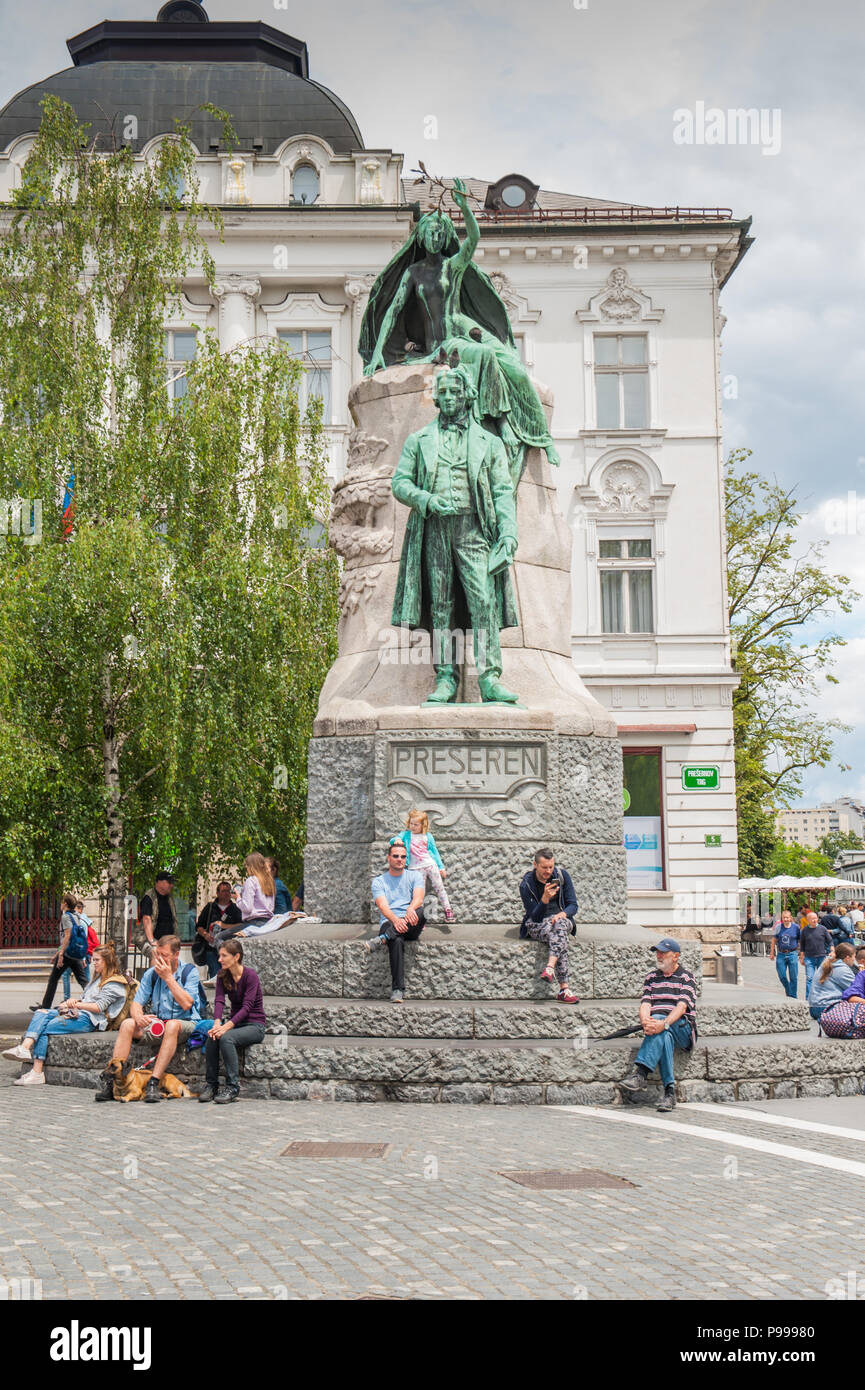 A statue of France Preseren on Preseren Square by the River Ljubljanica ...