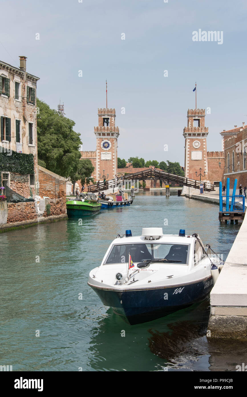 Europe, Italy, Veneto, Venice. Carabinieri motorboat parked at Rio de l ...
