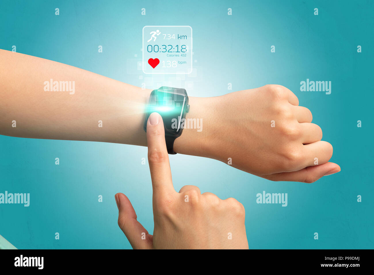 Female hand with smartwatch and running concept above Stock Photo - Alamy