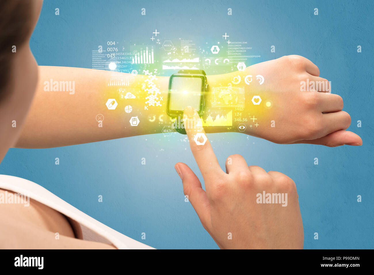 Hand with smartwatch and health medical tracker concept Stock Photo - Alamy