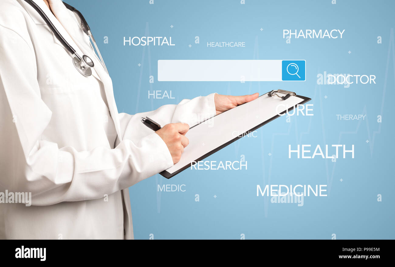 Female doctor holding notepad with blue background and search bar with ...