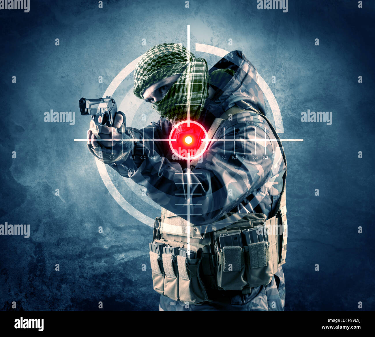 Masked terrorist man with gun and laser target on his body concept ...