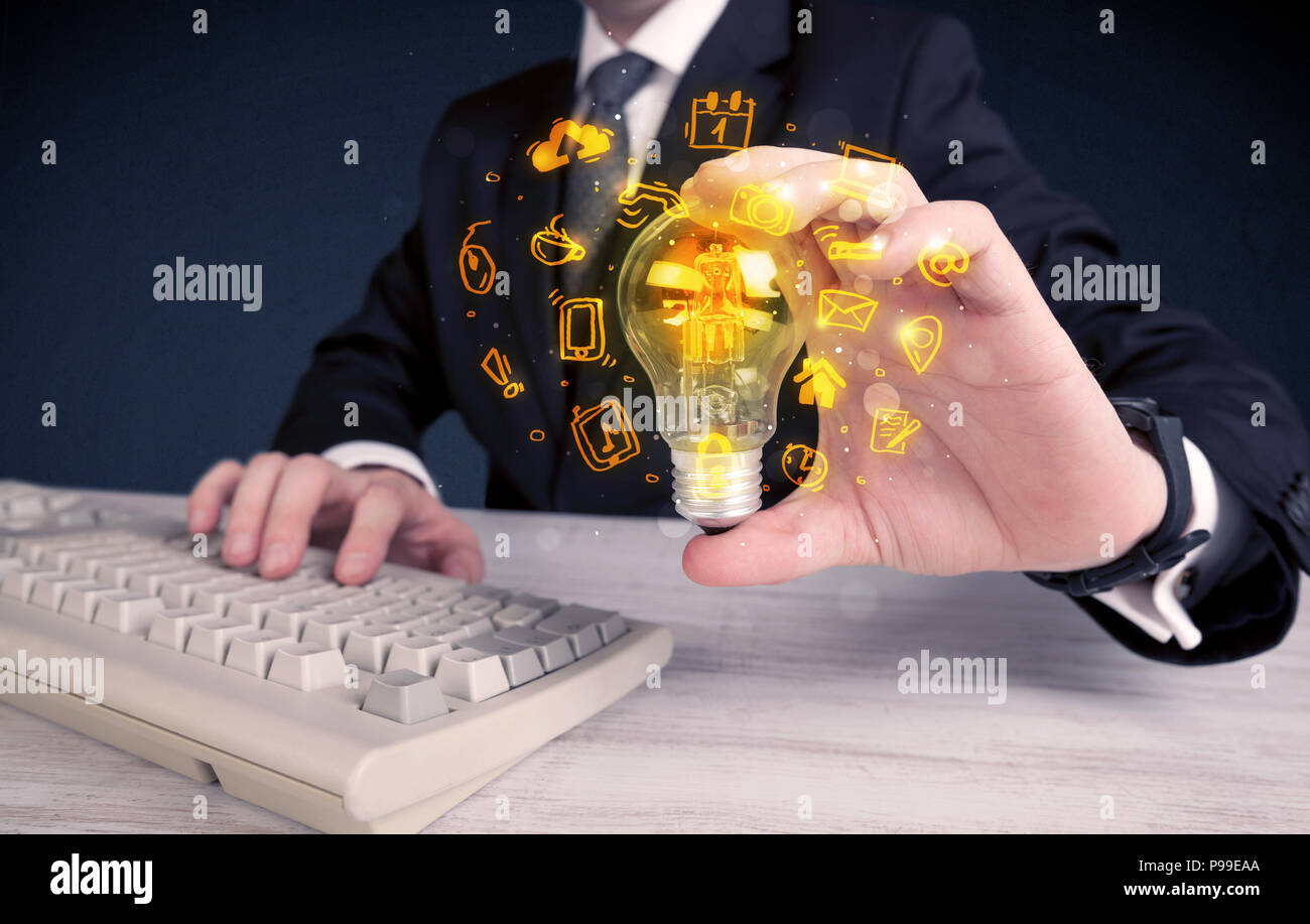 An office salesman promoting his bright ideas concept with illustration ...