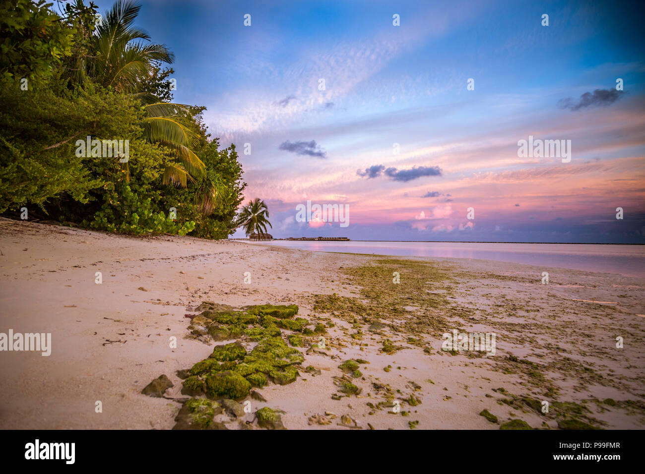 Tropical beach sunset, colorful sky and soft waves. Calming landscape ...