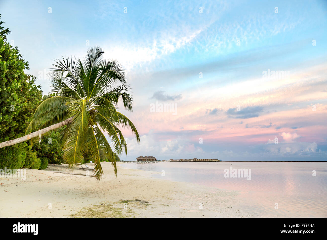 Tropical beach sunset, colorful sky and soft waves. Calming landscape ...