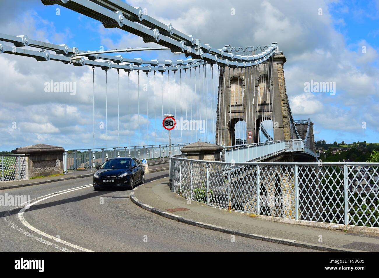 South end of the Menai Bridge spanning the Menai Strait, Wales, United ...