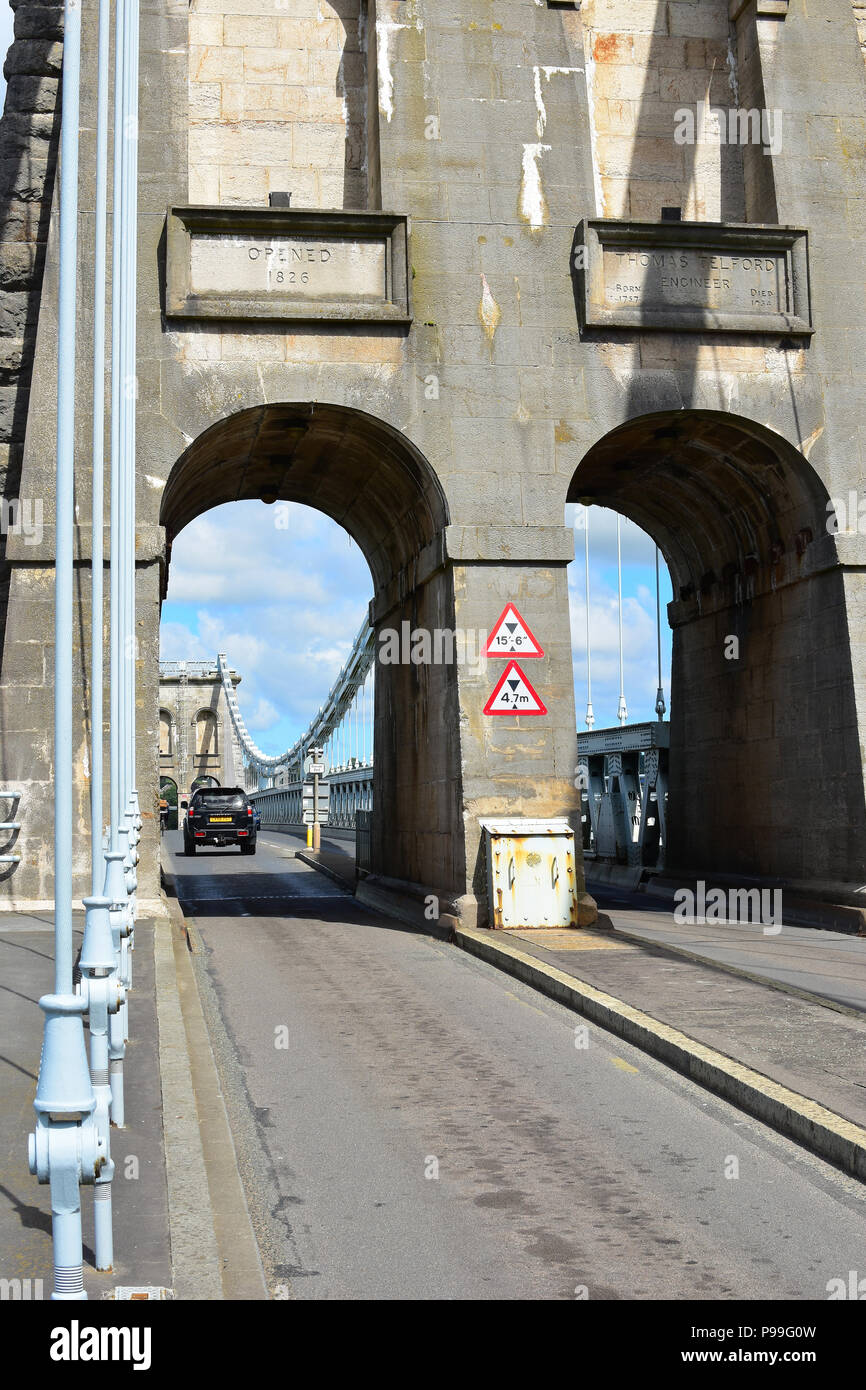 South end of the Menai Bridge spanning the Menai Strait, Wales, United ...