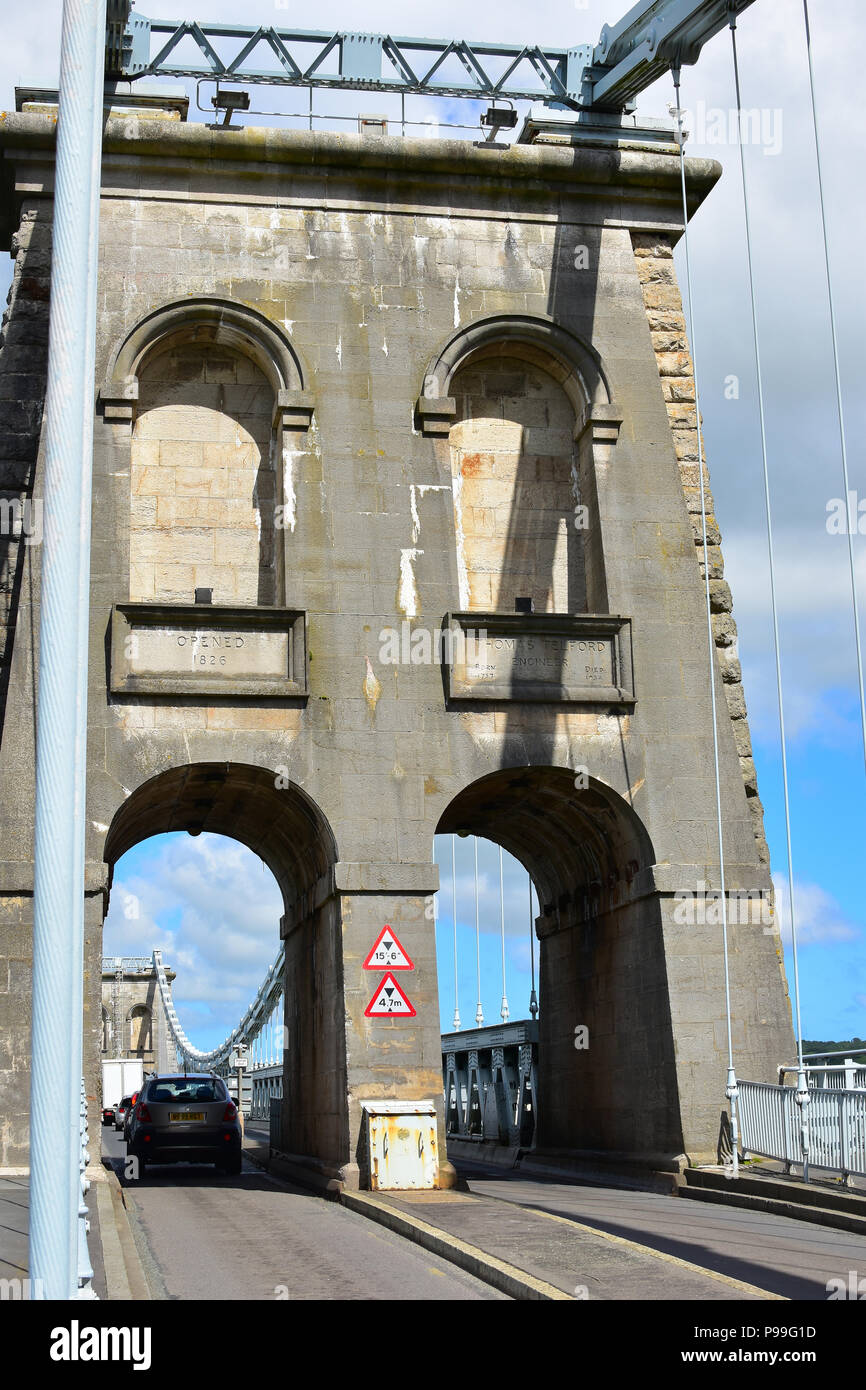 South end of the Menai Bridge spanning the Menai Strait, Wales, United ...