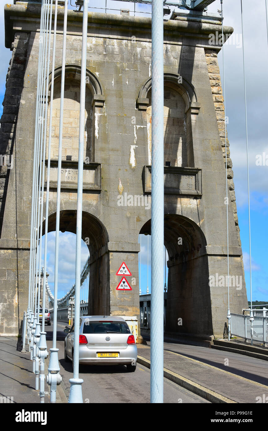 South end of the Menai Bridge spanning the Menai Strait, Wales, United ...