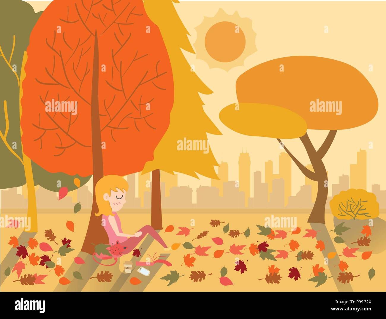 flat drawing vector cute girl sleeping under a tree in warm Autumn ...