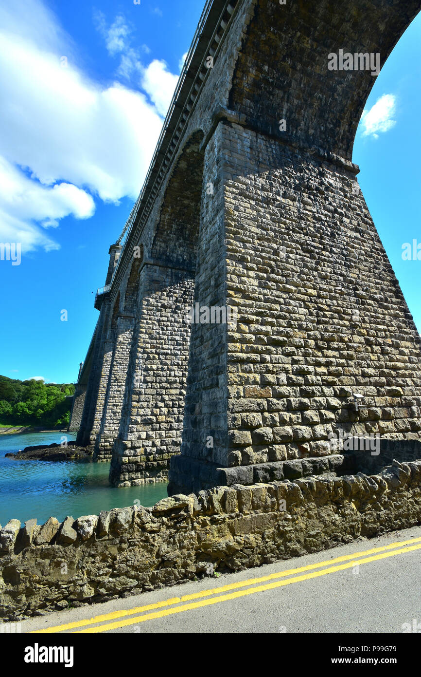 Menai Bridge spanning the Menai Strait, Anglesey, Wales, United Kingdom ...