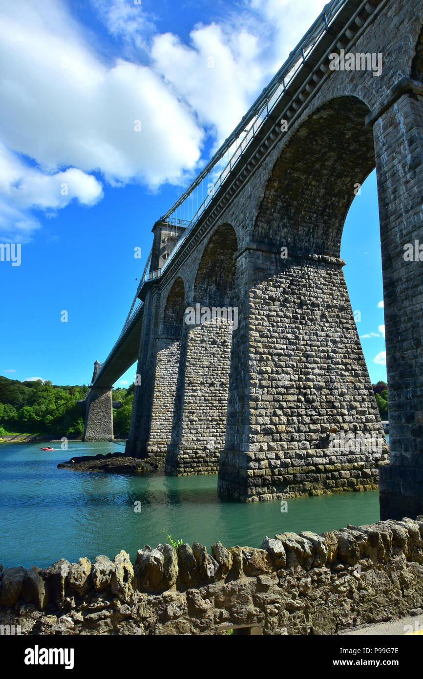 Menai Bridge spanning the Menai Strait, Anglesey, Wales, United Kingdom ...