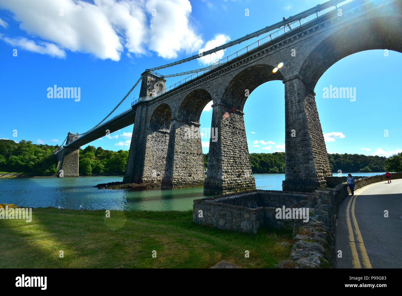 Menai Bridge spanning the Menai Strait, Anglesey, Wales, United Kingdom ...