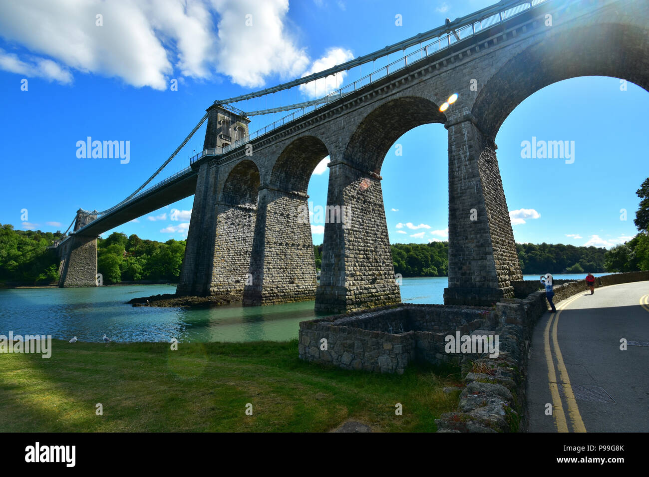 Menai Bridge spanning the Menai Strait, Anglesey, Wales, United Kingdom ...