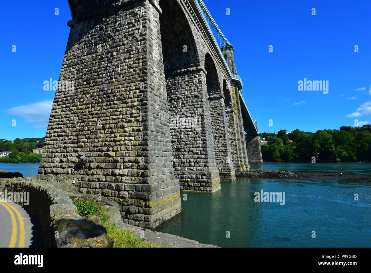 Menai Bridge spanning the Menai Strait, Anglesey, Wales, United Kingdom ...