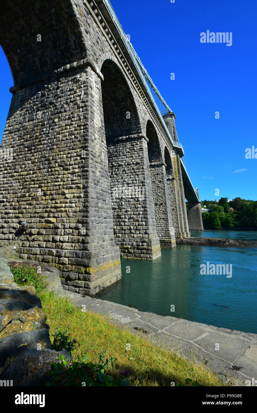 Menai Bridge spanning the Menai Strait, Anglesey, Wales, United Kingdom ...