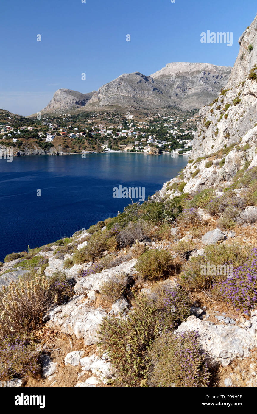 The dramatic mountainous landscape of Kalimnos or Kalymnos, Linaria Bay ...