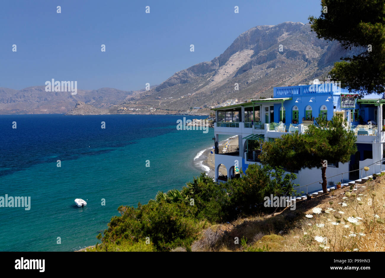 Taverna, Masouri Beach, Kalymnos, Dodecanese islands, Greece Stock ...