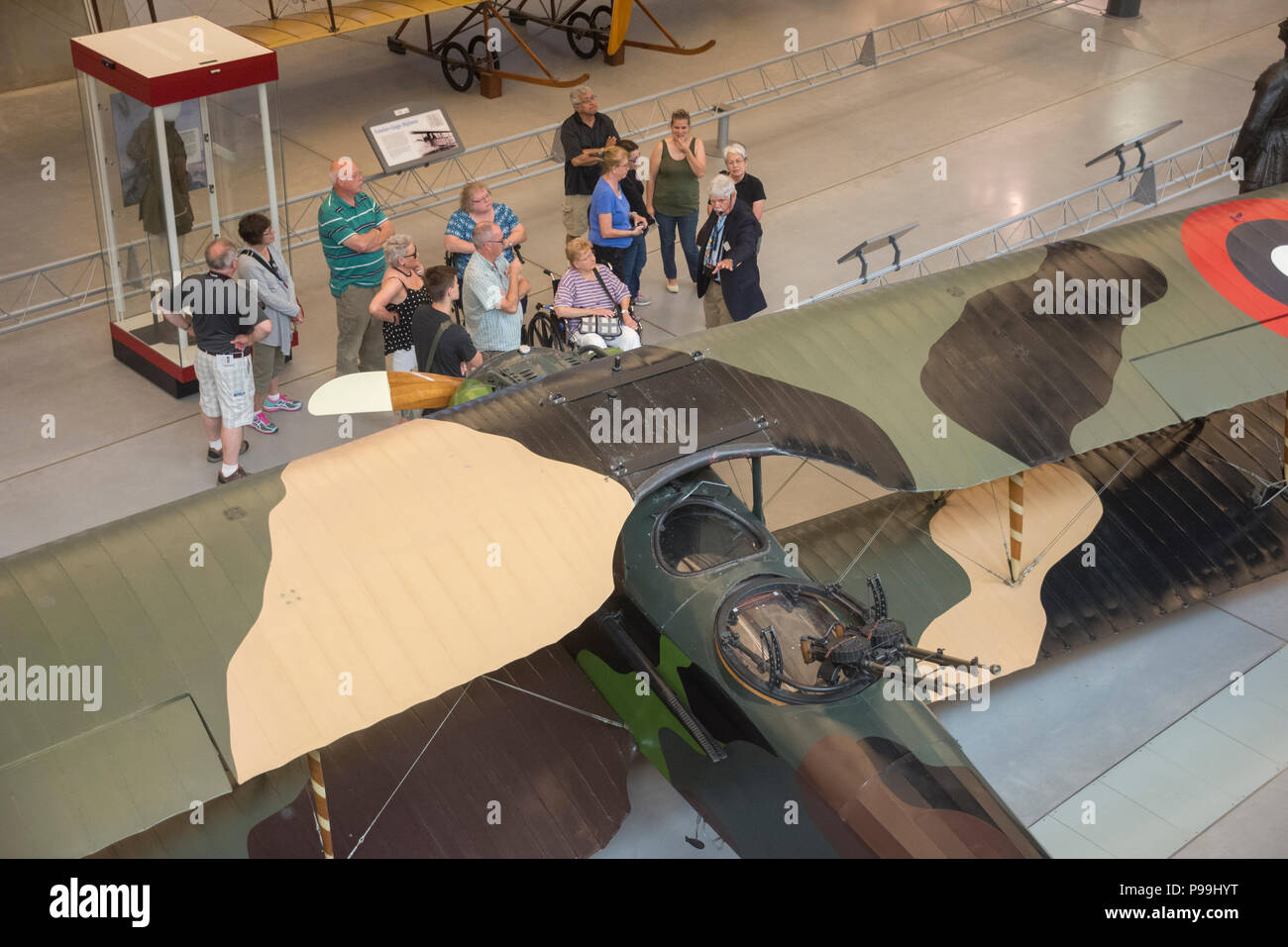 A volunteeer tour guide discusses World War One era SPAD XVI flown by ...