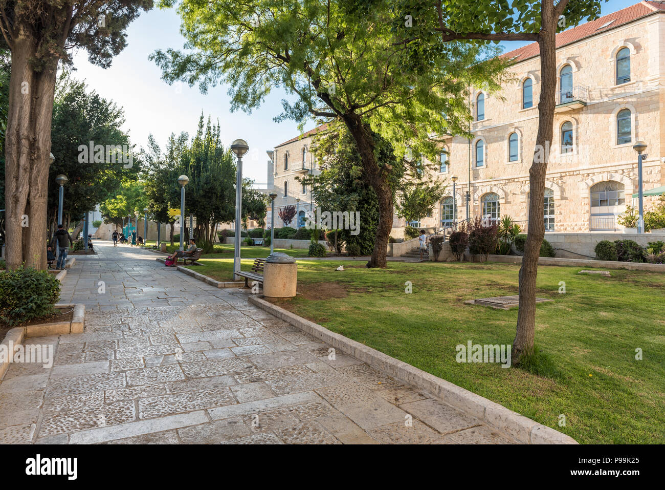 Israel, Jerusalem - 12 July 2018: Daniel garden - Kikar Safra square ...