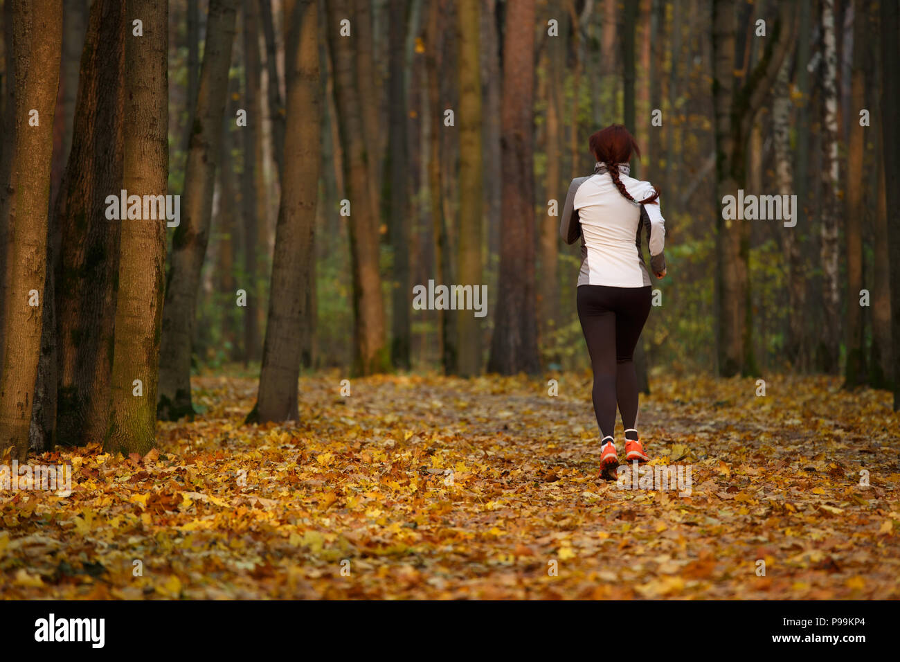 Picture from back of young sports girl in running through forest Stock ...