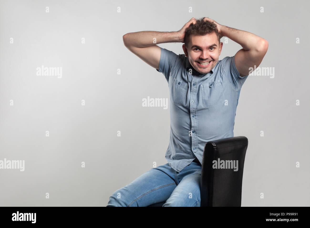 Happiness man toothy smiling at camera. Actors portfolio picture ...