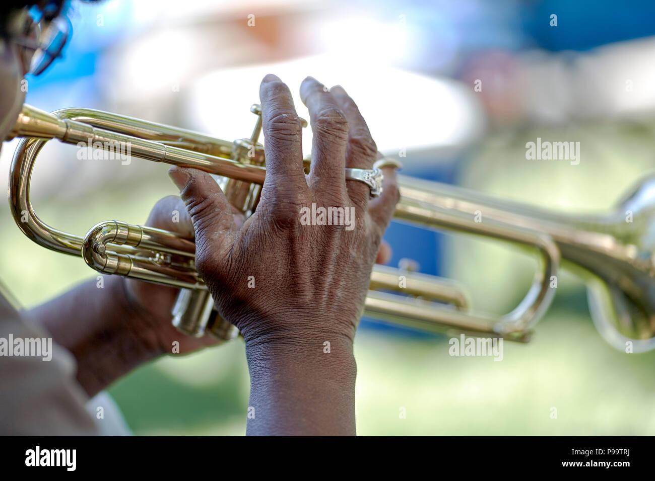 Prescott, Arizona, USA - June 30, 2018: A street muscian playing a ...