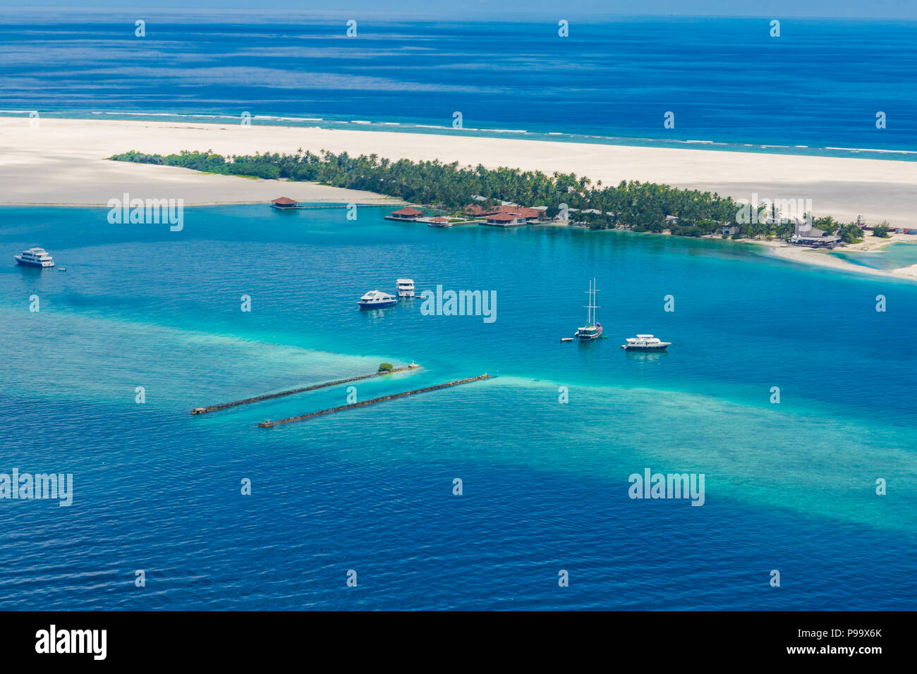 Amazing aerial view of Maldives island and beach. Drone or airplane ...
