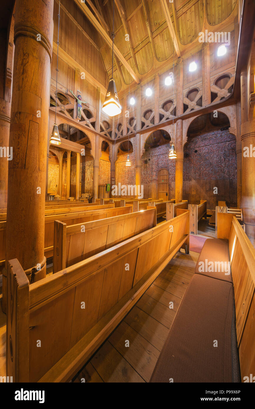 View inside the Heddal Stave church. Photo taken from the left side ...